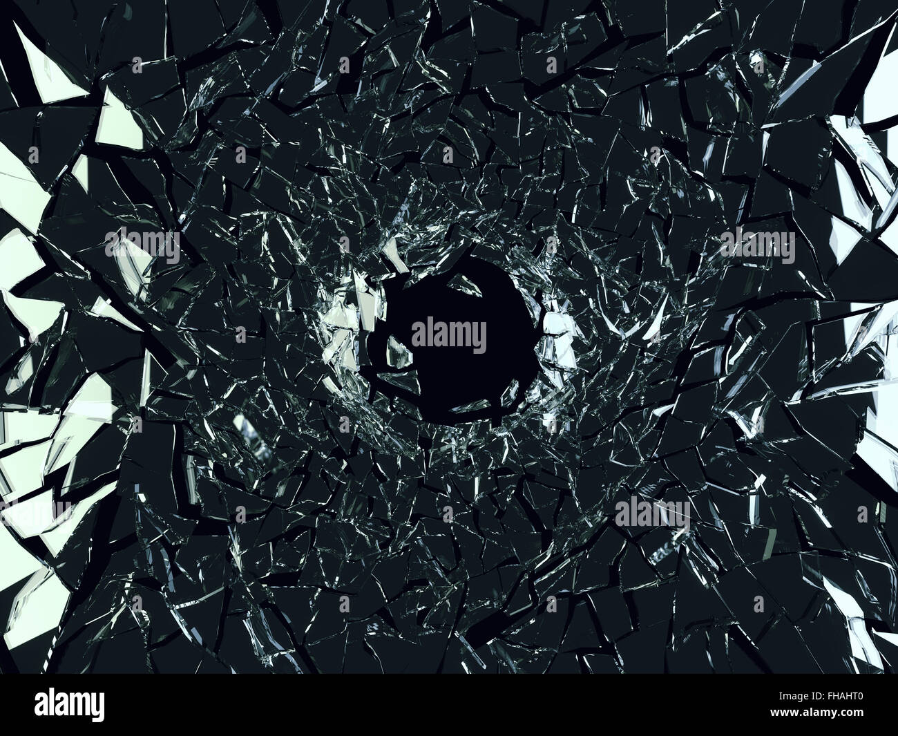 Shattered black glass: sharp Pieces and hole over black background ...