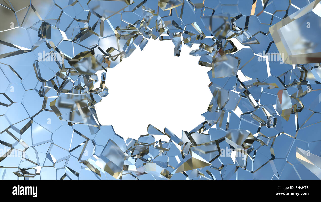 Shattered glass: sharp Pieces and hole over white background Stock ...