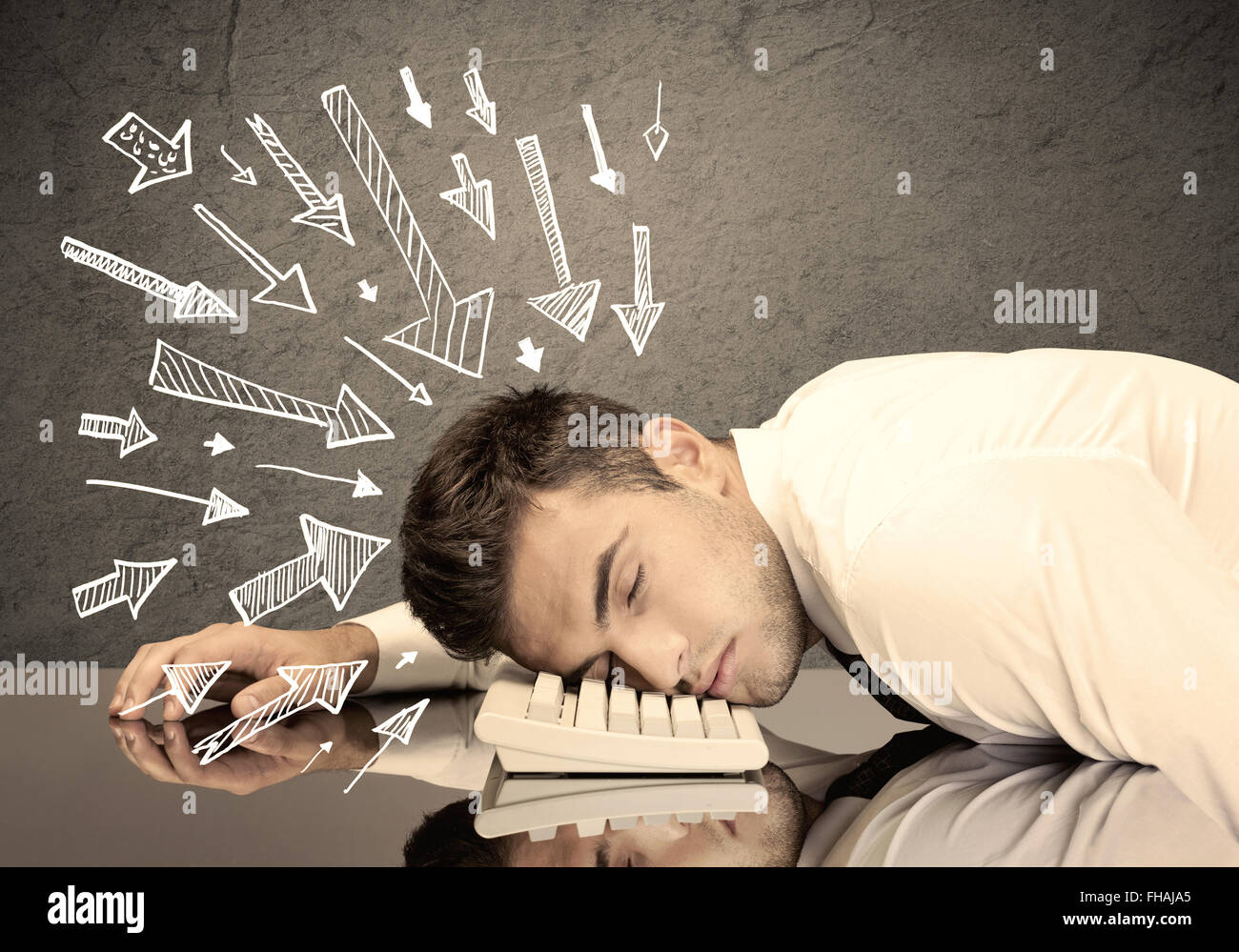 Arrows pointing at sad office worker Stock Photo - Alamy
