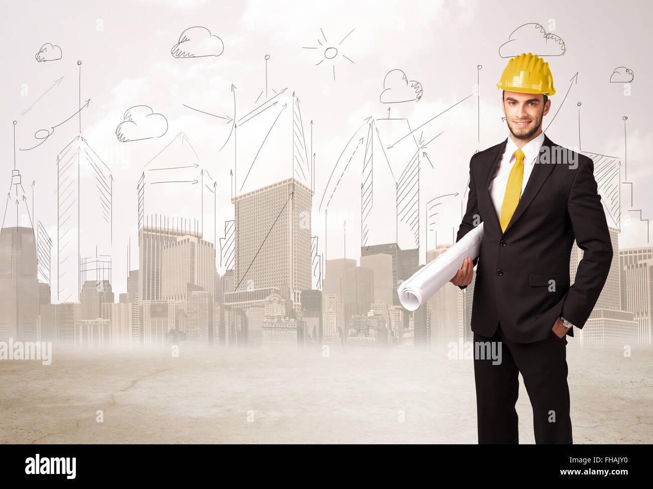 Business engineer planing at construction site with city background ...