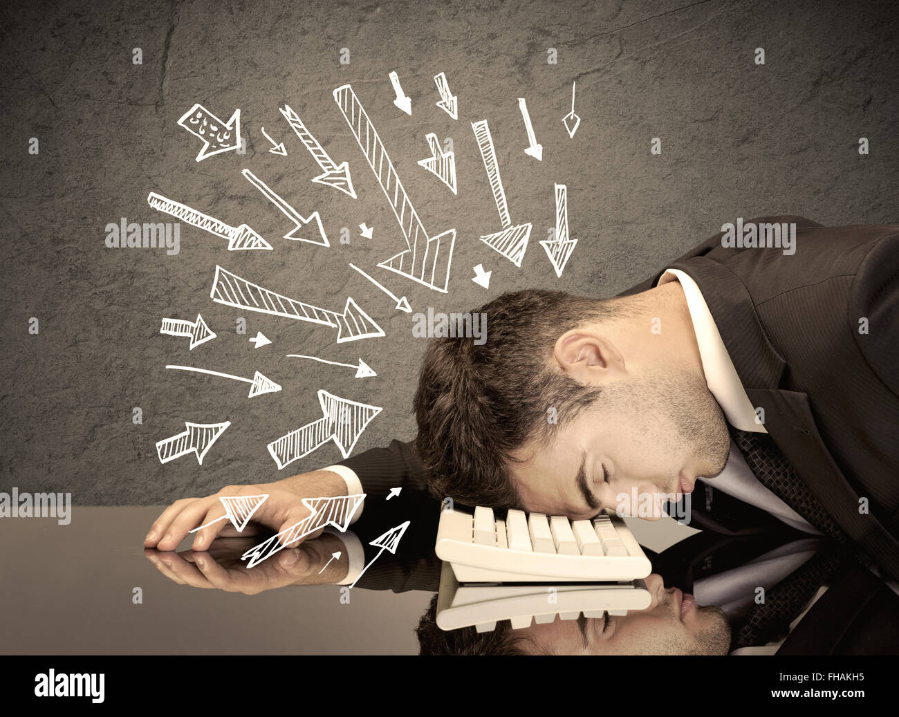 Arrows pointing at sad office worker Stock Photo - Alamy
