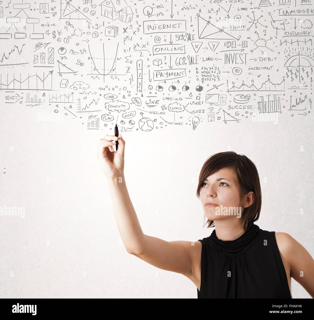 Young woman sketching and calculating thoughts Stock Photo - Alamy