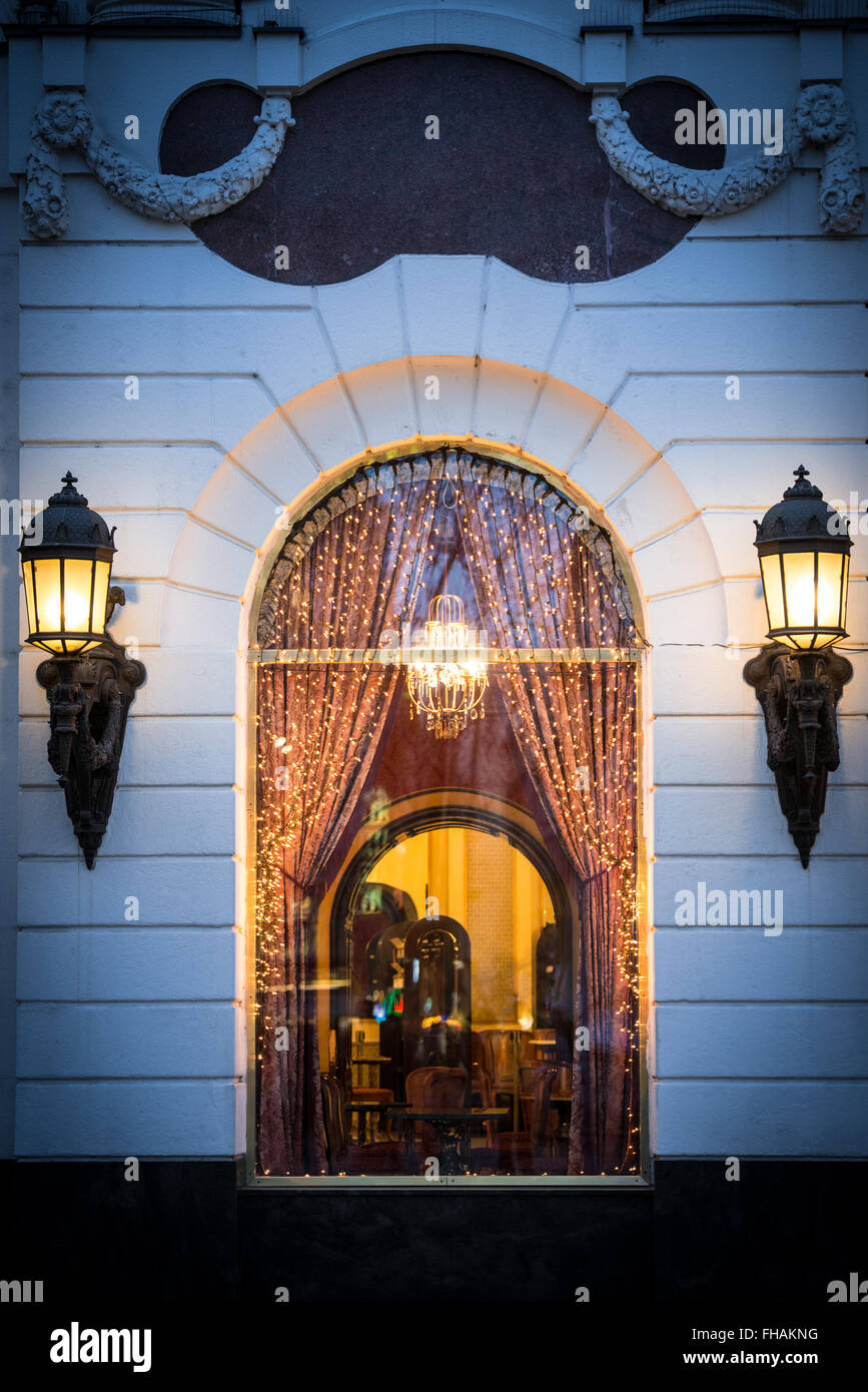 WIndow of cafe in Budapest, Hungary, Europe. Christmas decorations and ...