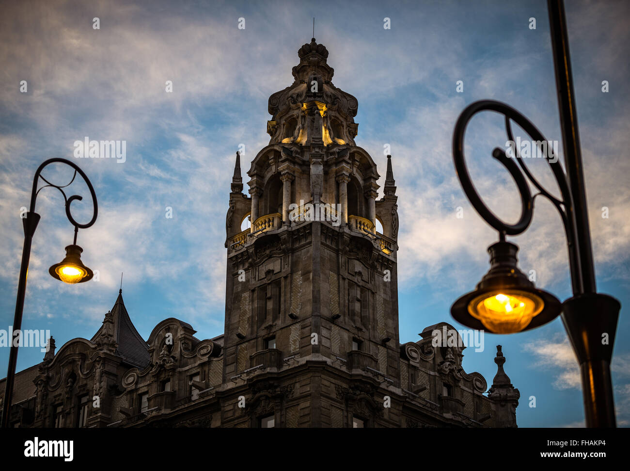Street light and old building at sunset in Budapest, Hungary, Europe ...