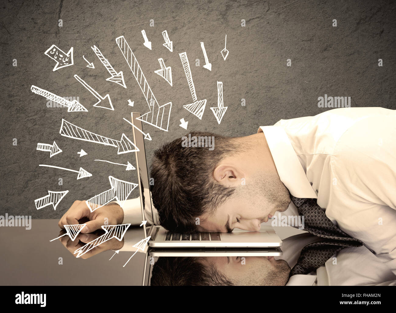 Arrows pointing at sad office worker Stock Photo - Alamy