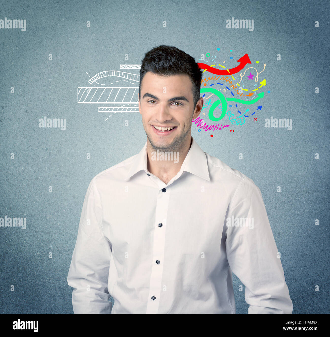 Happy creative business guy with illustration Stock Photo - Alamy