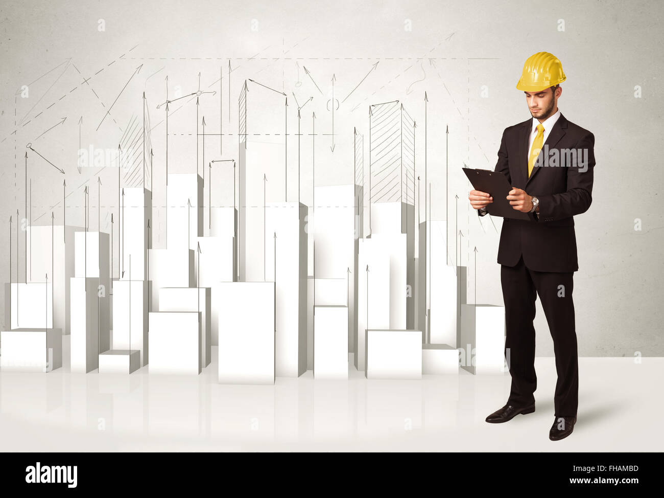 Construction worker planing with 3d buildings in background Stock Photo ...