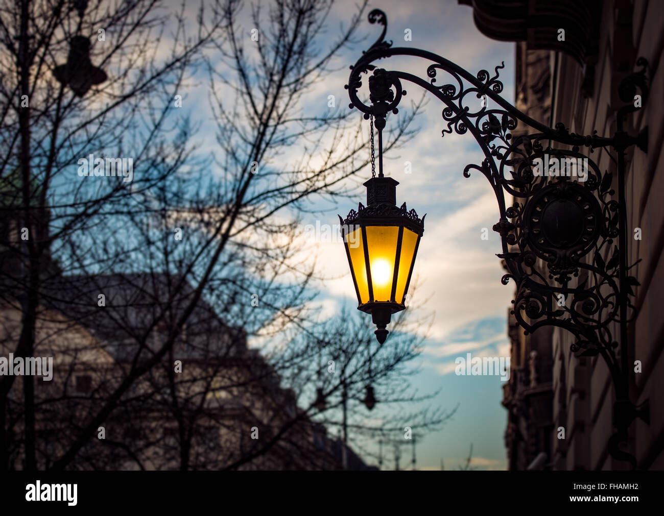 Street light at sunset in Budapest, Hungary, Europe. Yellow light of ...