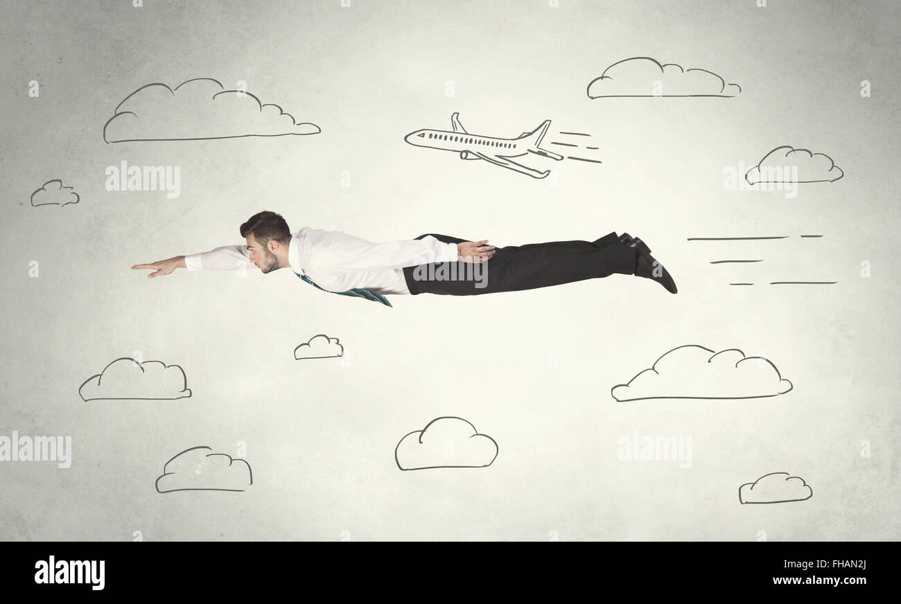 Cheerful business person flying between hand drawn sky clouds Stock ...