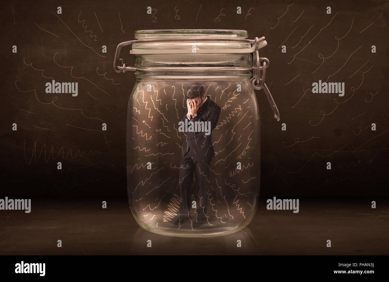 Businessman inside a jar with powerful hand drawn lines concept Stock ...