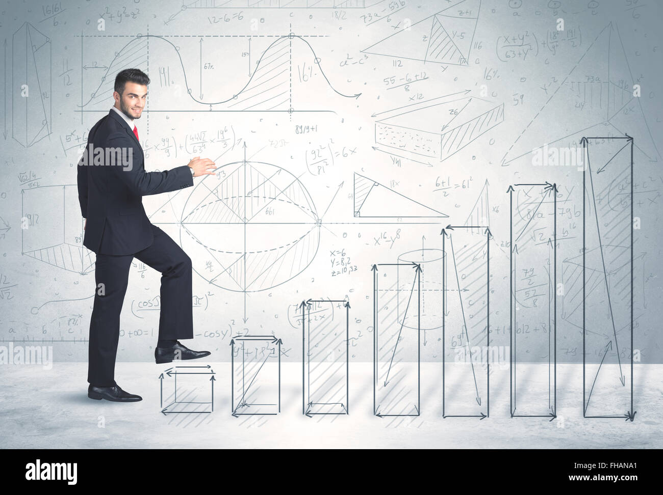 Business man climbing up on hand drawn graphs concept Stock Photo - Alamy
