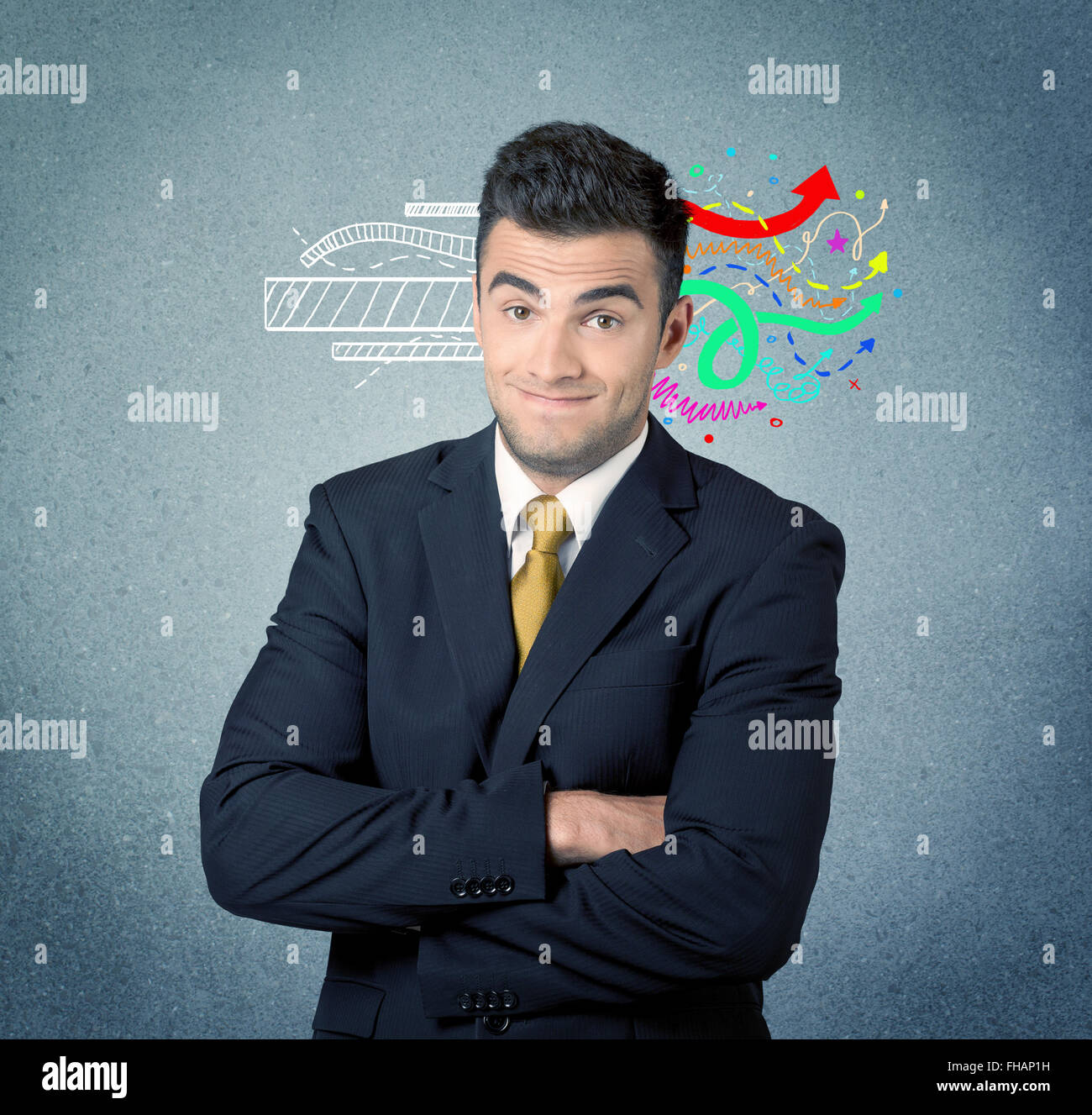 Happy creative business guy with illustration Stock Photo - Alamy