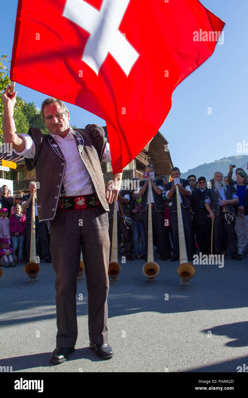 Flag thrower performed during Alpine cattle descent in Charmey ...