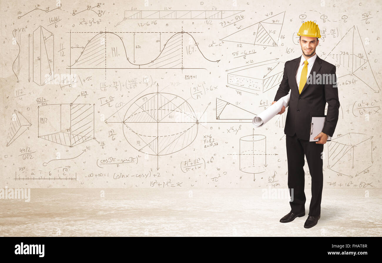 Handsome engineer calculating with hand drawn background Stock Photo ...