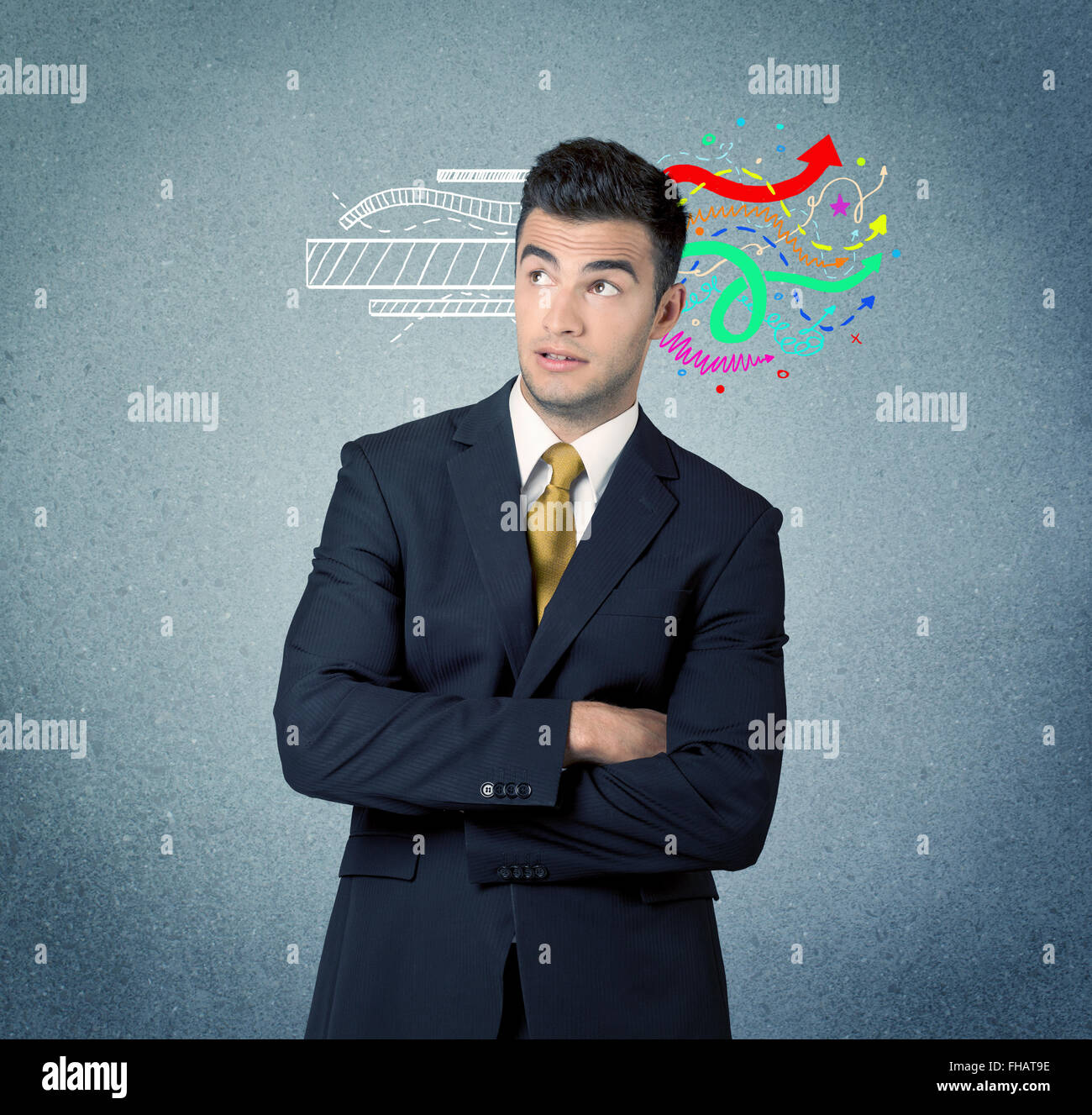 Happy creative business guy with illustration Stock Photo - Alamy