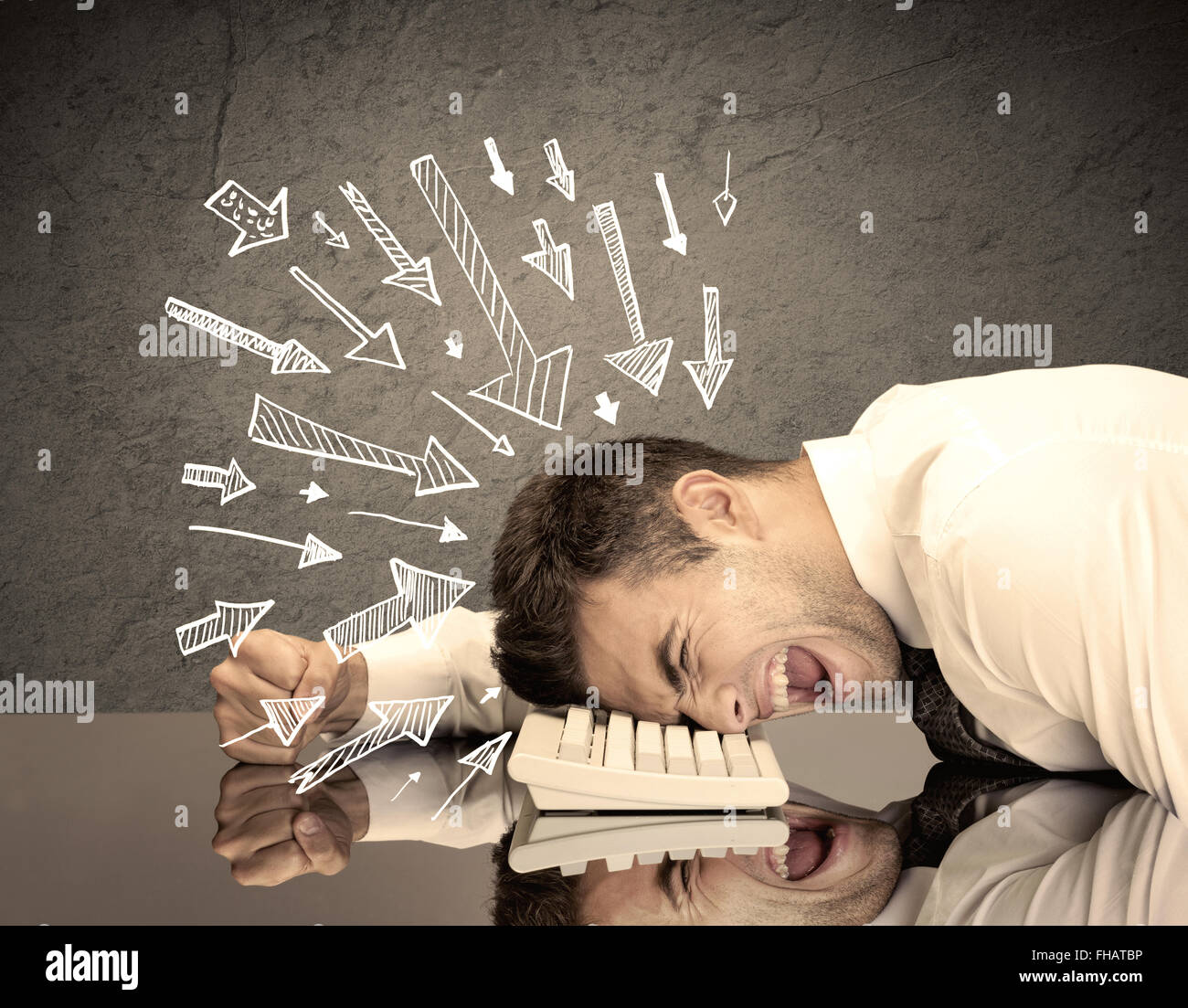 Arrows pointing at sad office worker Stock Photo - Alamy