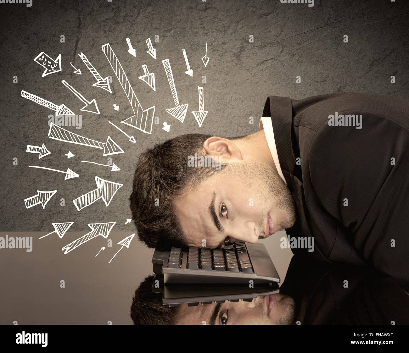 Arrows pointing at sad office worker Stock Photo - Alamy