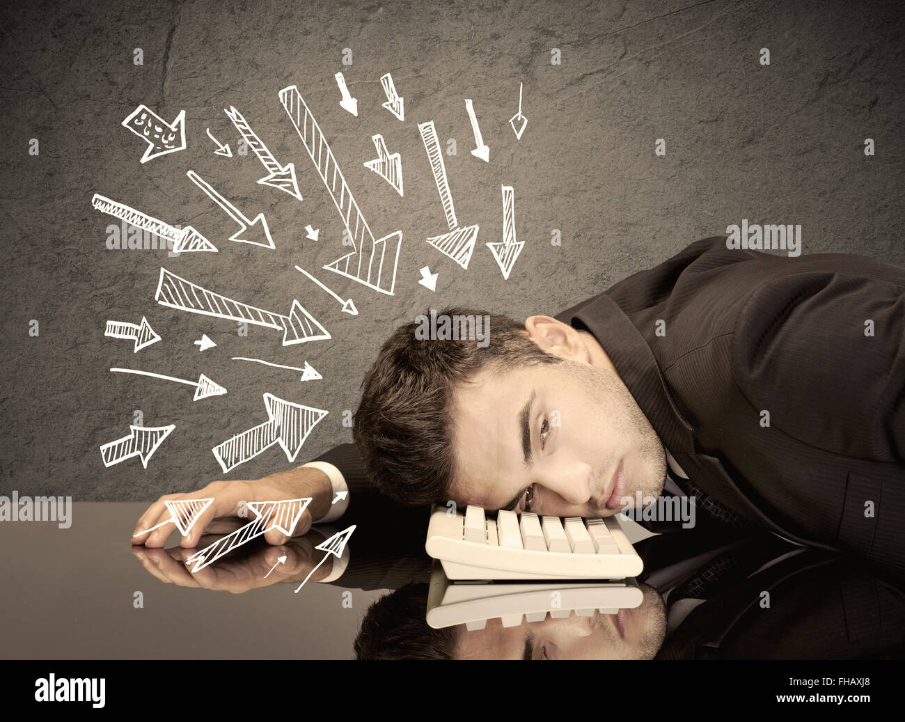 Arrows pointing at sad office worker Stock Photo - Alamy