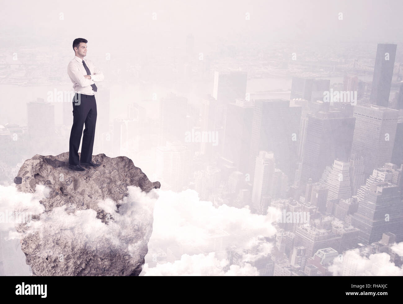 Winner business person standing on rock Stock Photo - Alamy