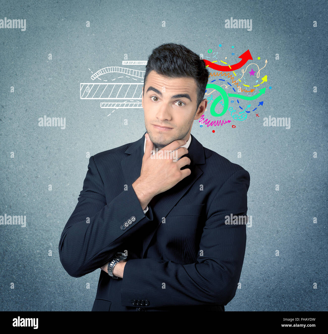 Happy creative business guy with illustration Stock Photo - Alamy