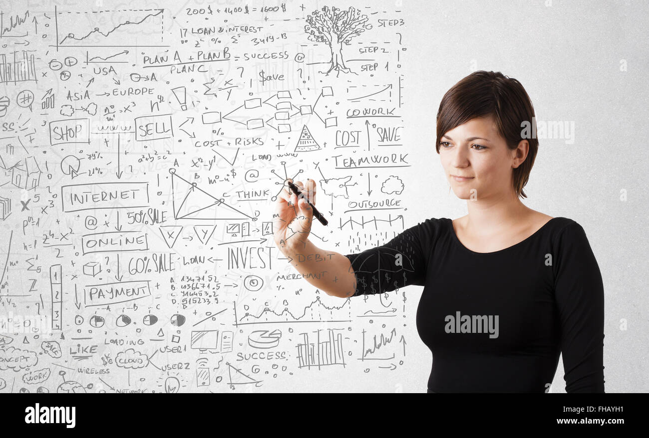 Young woman sketching and calculating thoughts Stock Photo - Alamy