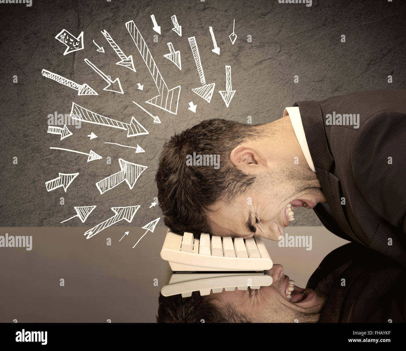 Arrows pointing at sad office worker Stock Photo - Alamy