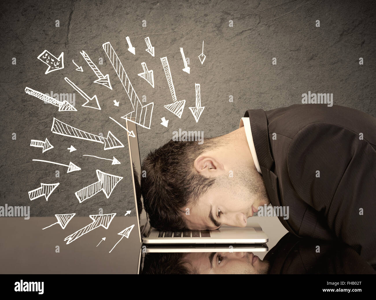 Arrows pointing at sad office worker Stock Photo - Alamy