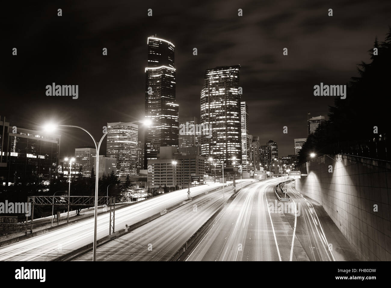 Seattle city view with urban architecture and traffic light trail Stock ...