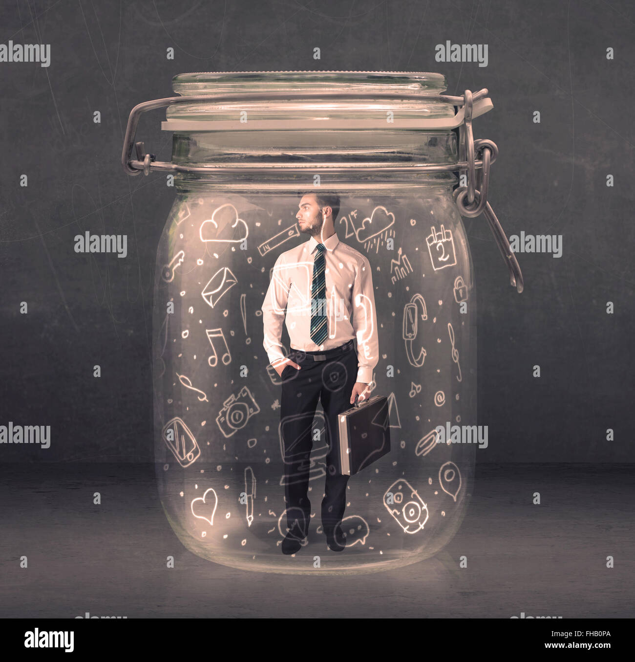 Business man captured in glass jar with hand drawn media icons concept ...