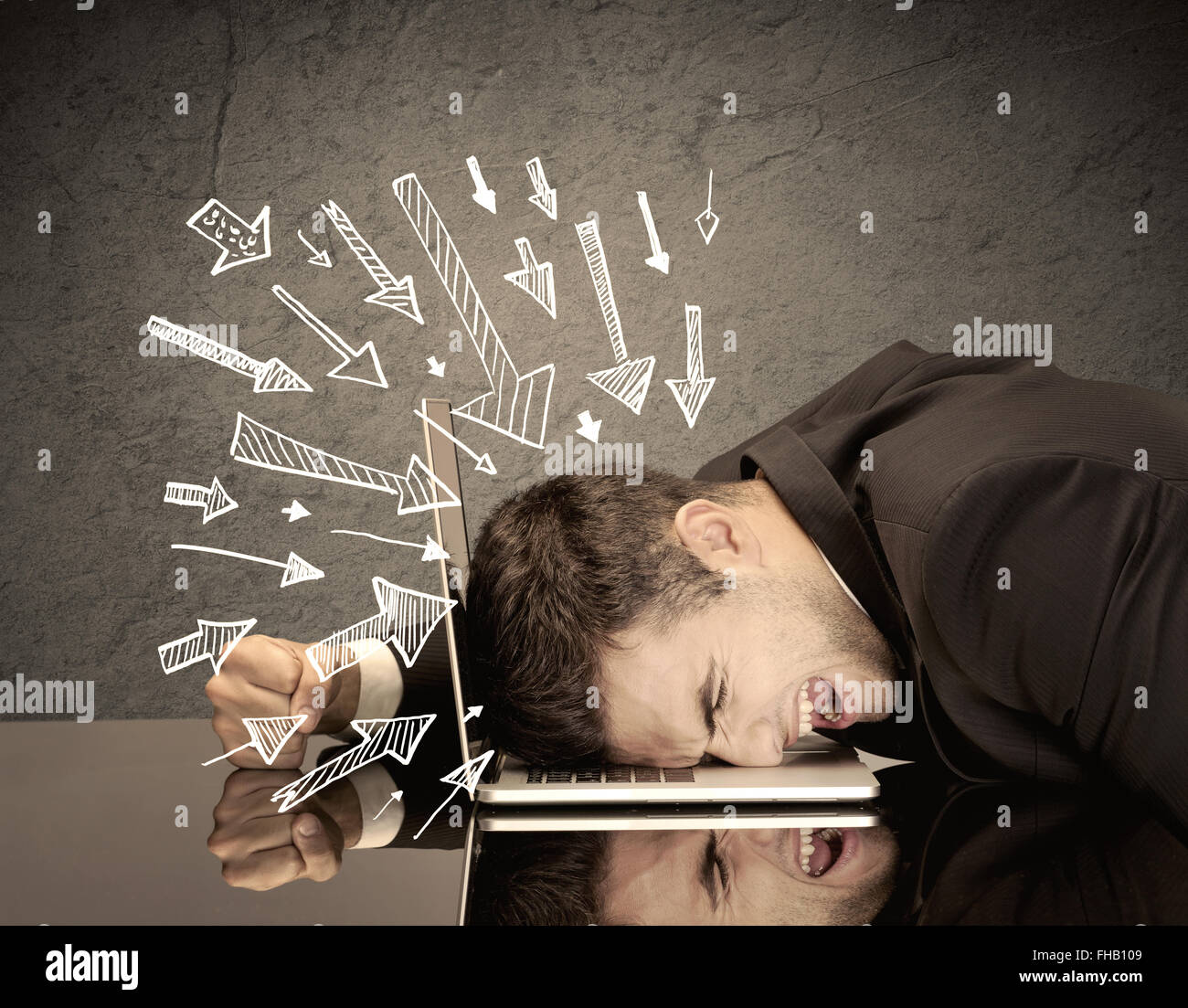 Arrows pointing at sad office worker Stock Photo - Alamy