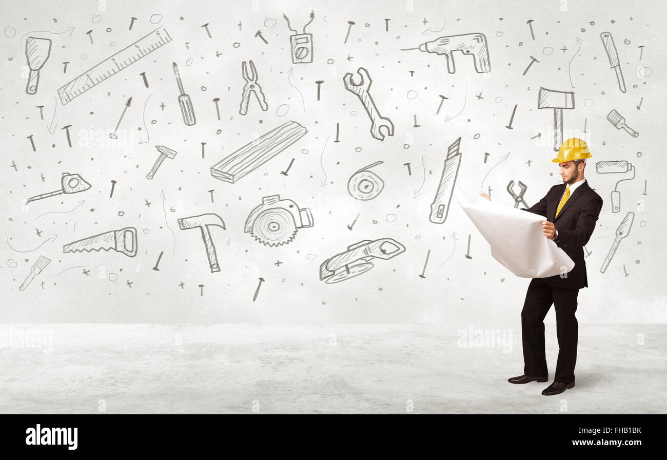 Construction worker planing with hand drawn tool icons Stock Photo - Alamy