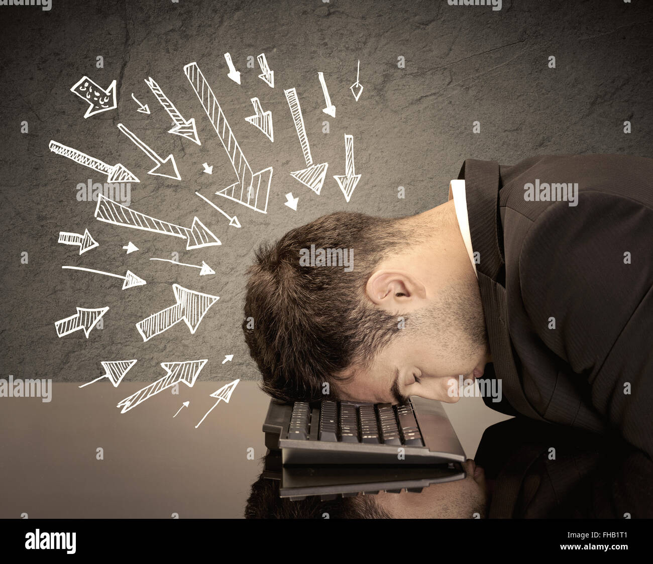 Arrows pointing at sad office worker Stock Photo - Alamy