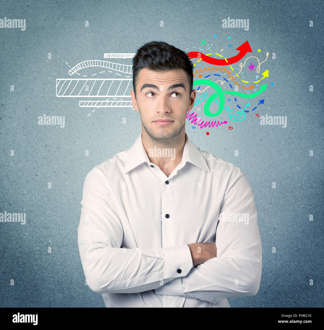Happy creative business guy with illustration Stock Photo - Alamy