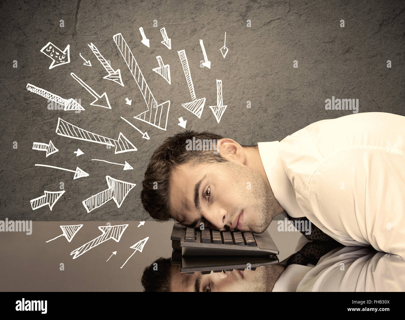 Arrows pointing at sad office worker Stock Photo - Alamy