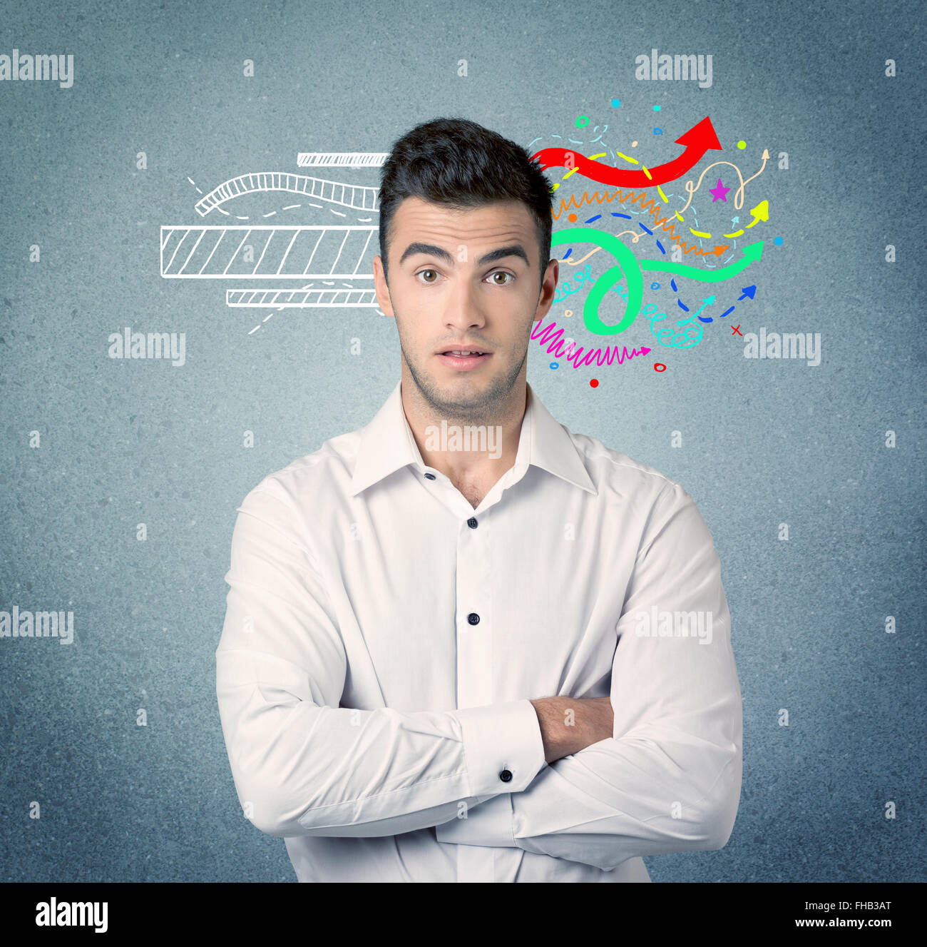 Happy creative business guy with illustration Stock Photo - Alamy