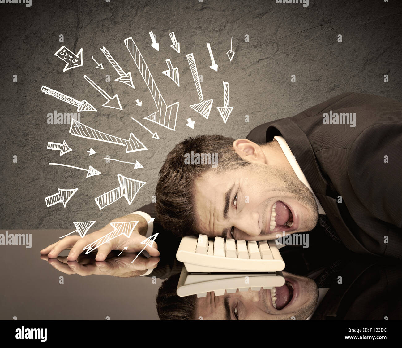 Arrows pointing at sad office worker Stock Photo - Alamy