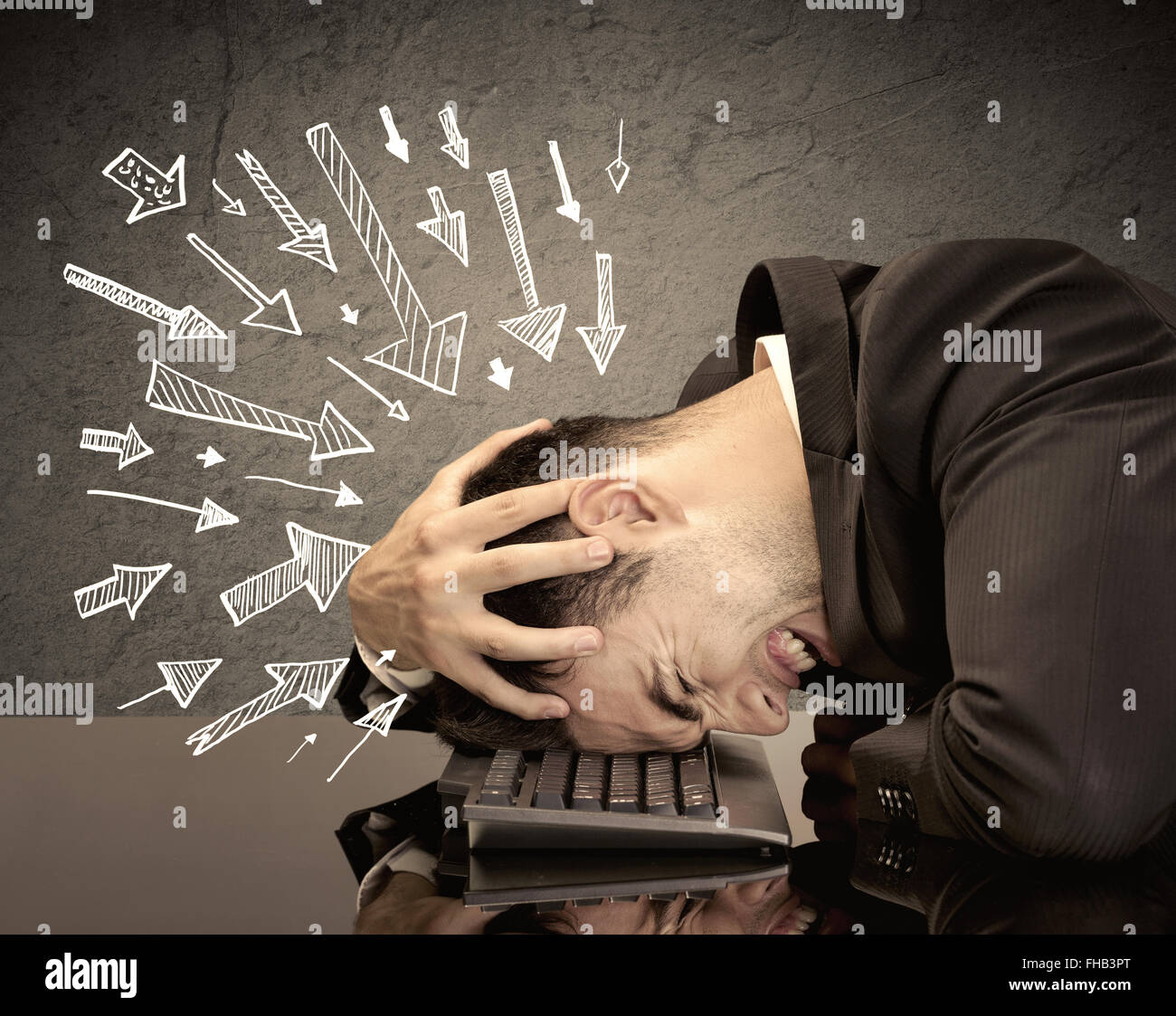 Arrows pointing at sad office worker Stock Photo - Alamy