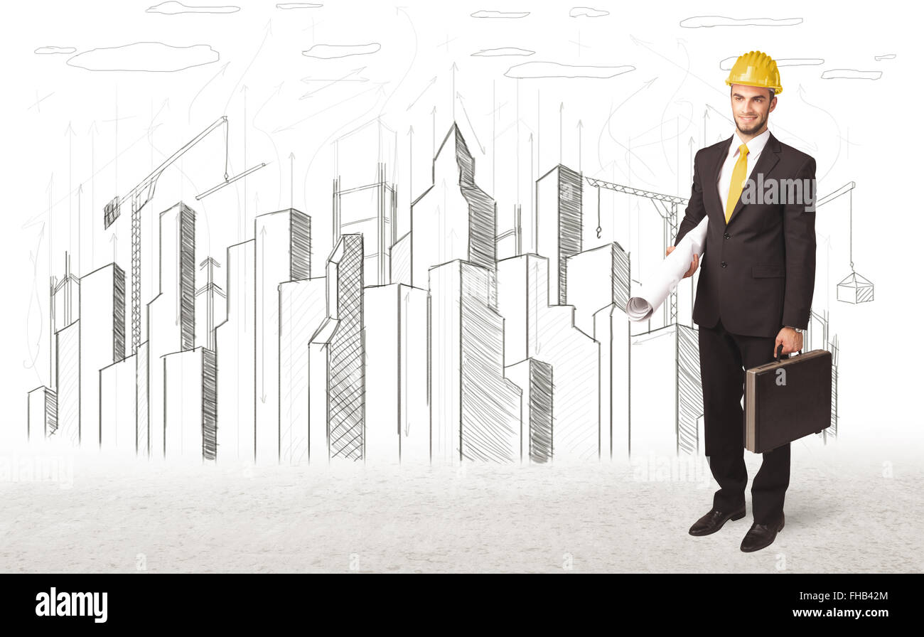 Engineer man with building city drawing in background Stock Photo - Alamy