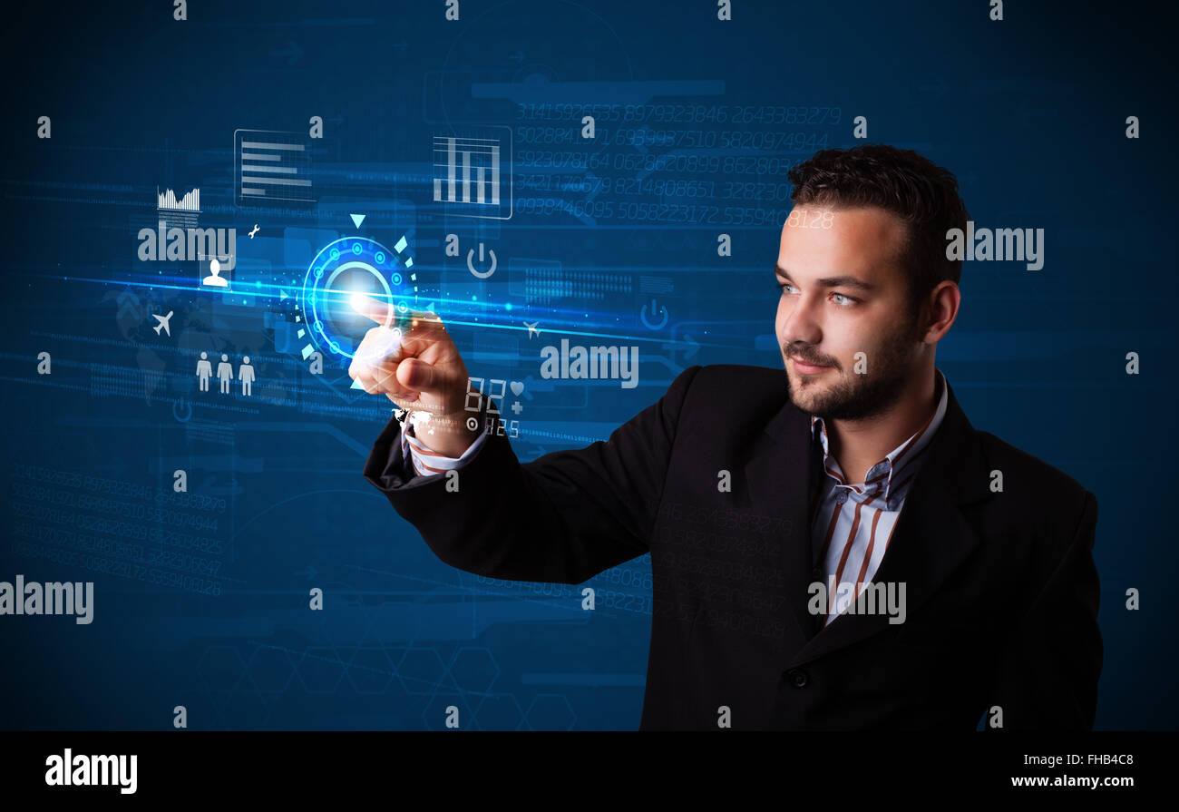 Handsome businessman touching future web technology buttons and icons ...
