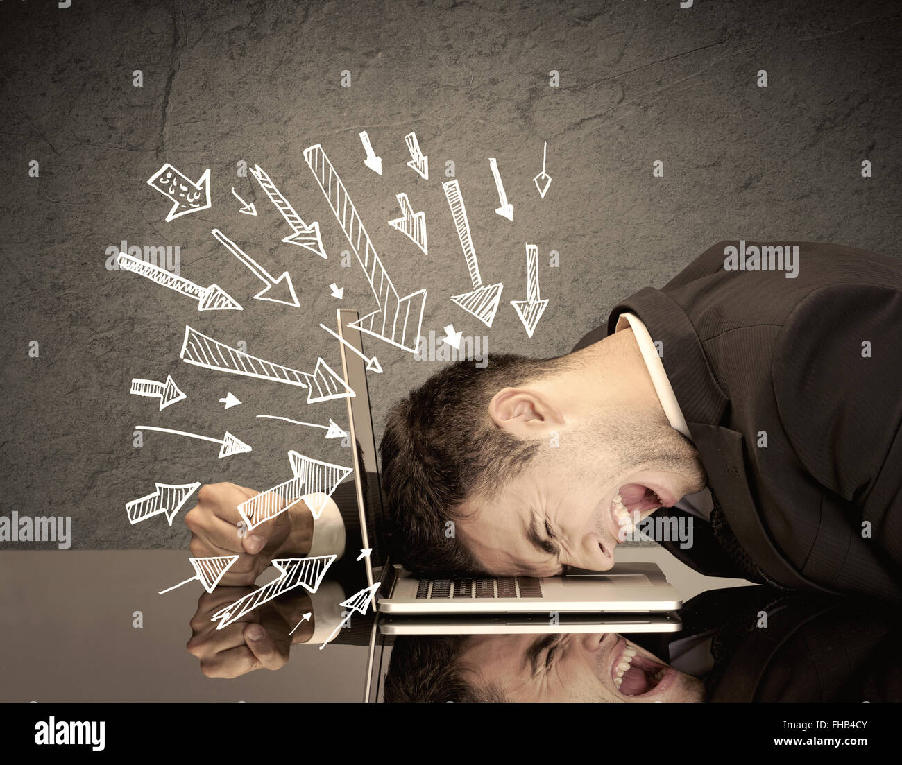 Arrows pointing at sad office worker Stock Photo - Alamy