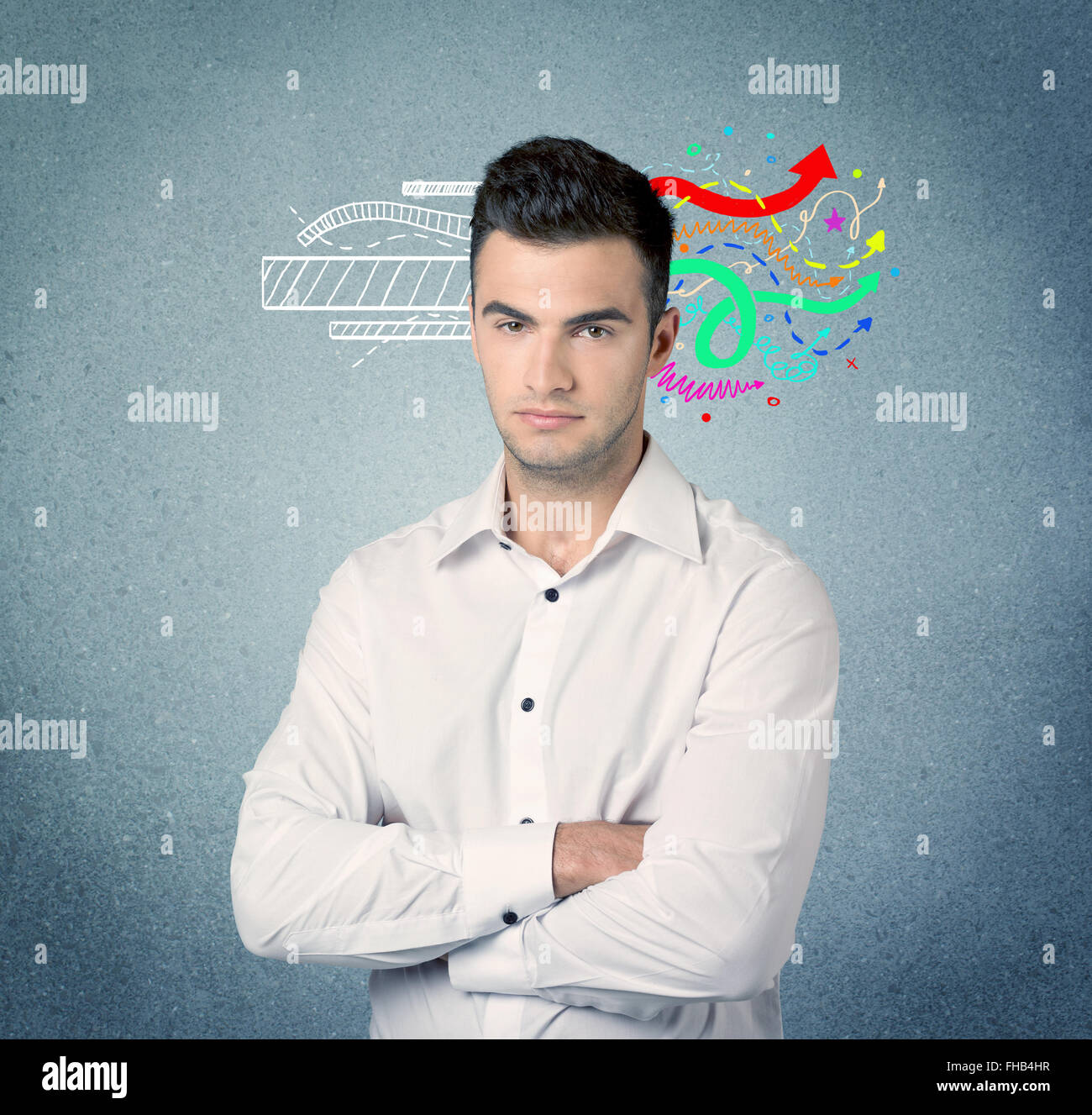 Happy creative business guy with illustration Stock Photo - Alamy