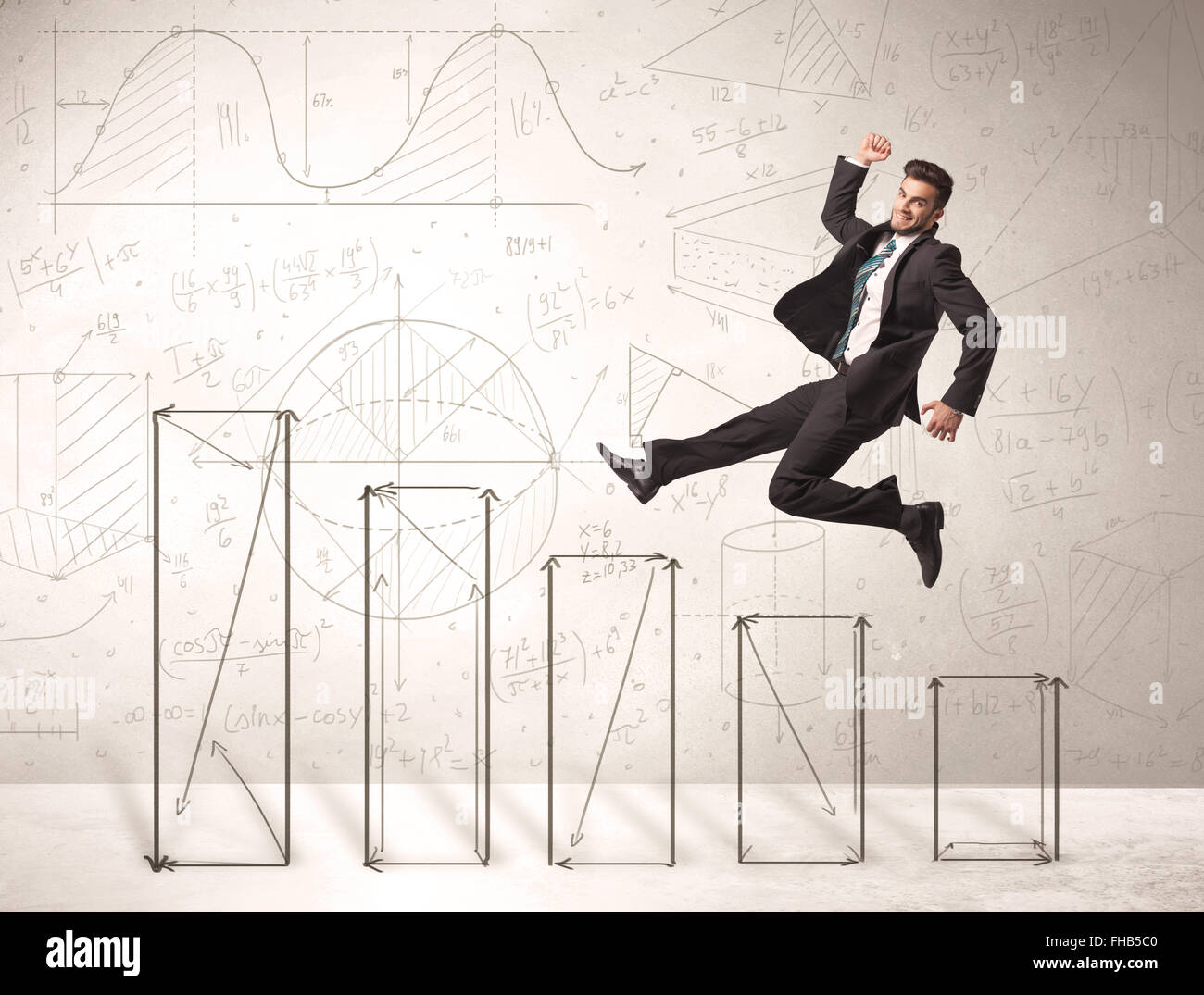 Fast business man jumping up on hand drawn charts Stock Photo - Alamy