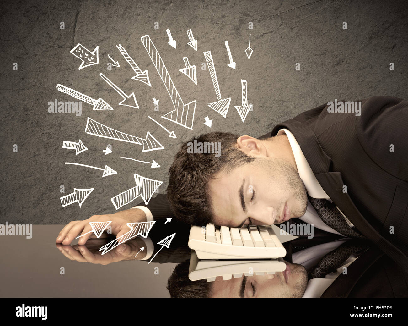 Arrows pointing at sad office worker Stock Photo - Alamy