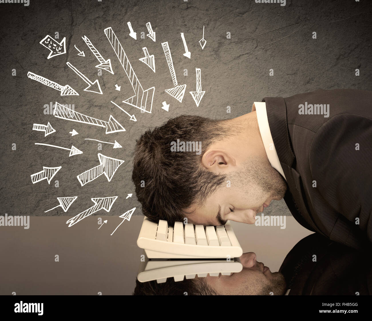 Arrows pointing at sad office worker Stock Photo - Alamy