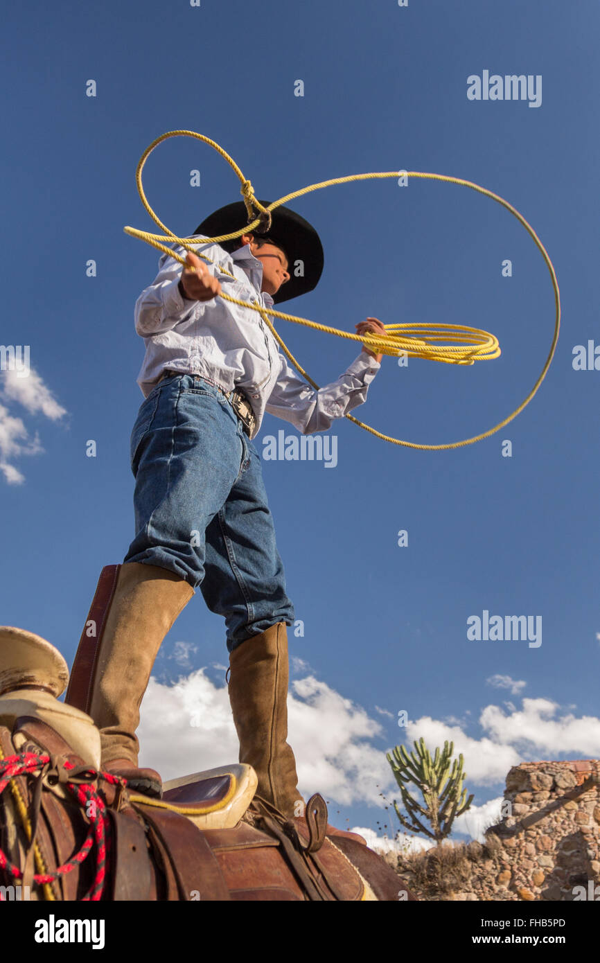 A Mexican charro or cowboy practices roping skills on his horse before ...