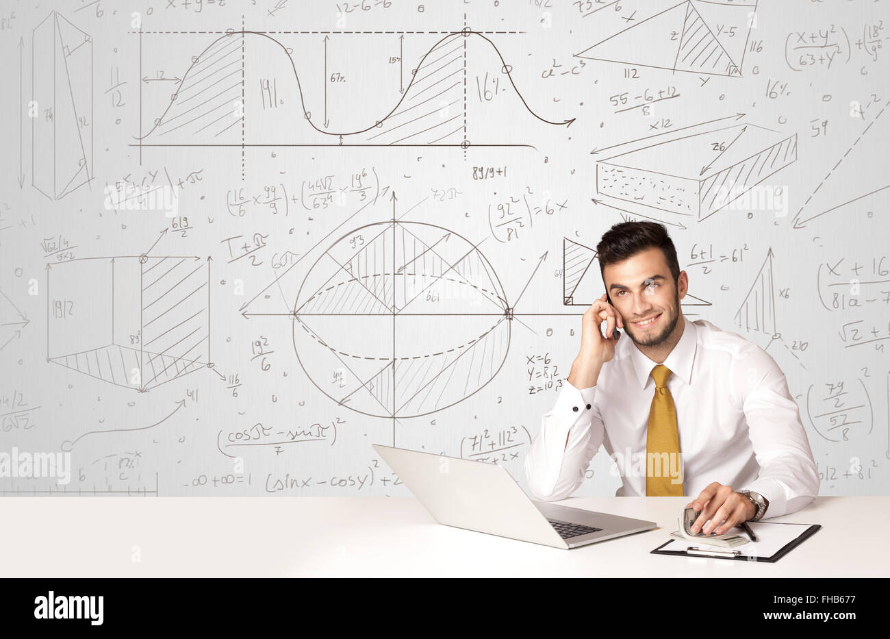 Businessman with business calculations background Stock Photo - Alamy
