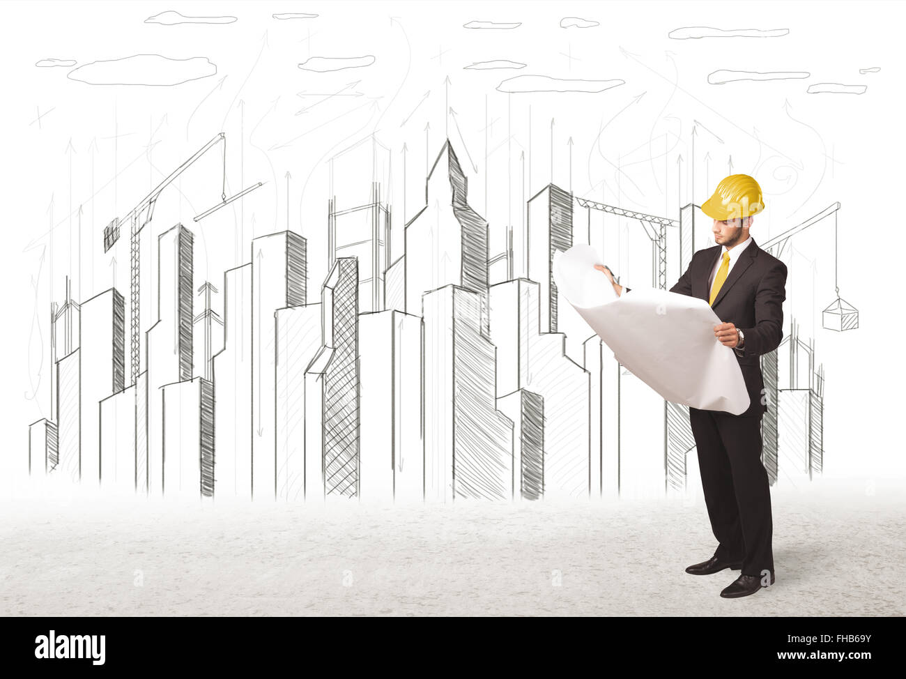 Engineer man with building city drawing in background Stock Photo - Alamy