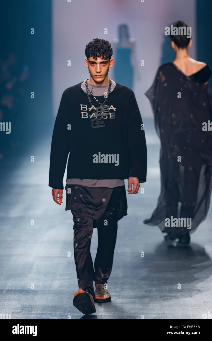 New York, NY USA - February 13, 2016: Model walks runway for Baja East ...