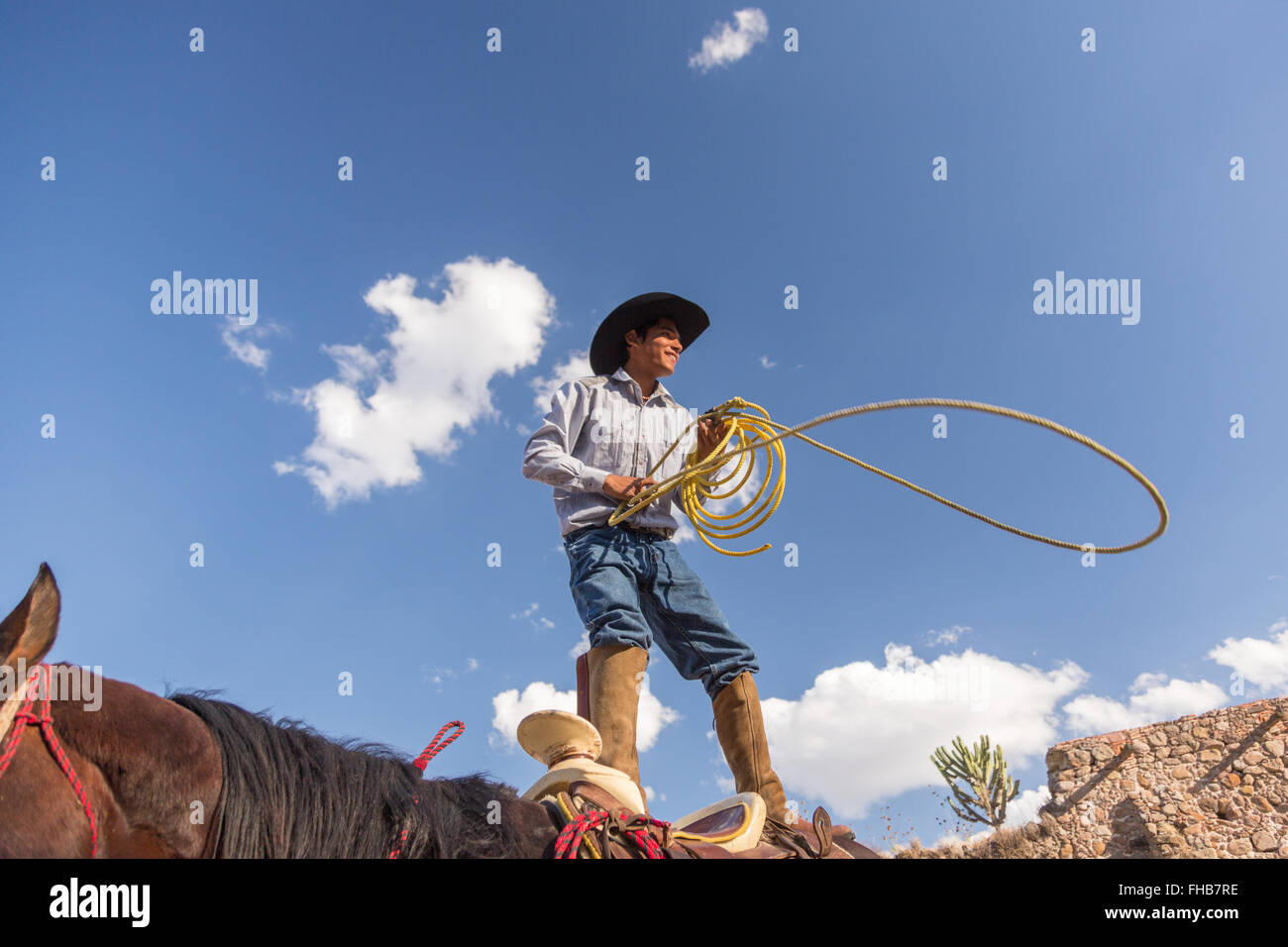 A Mexican charro or cowboy practices roping skills on his horse before ...