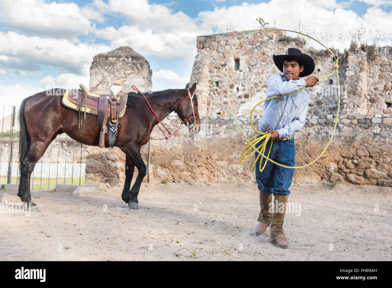 A Mexican charro or cowboy practices roping skills with his horse at a ...